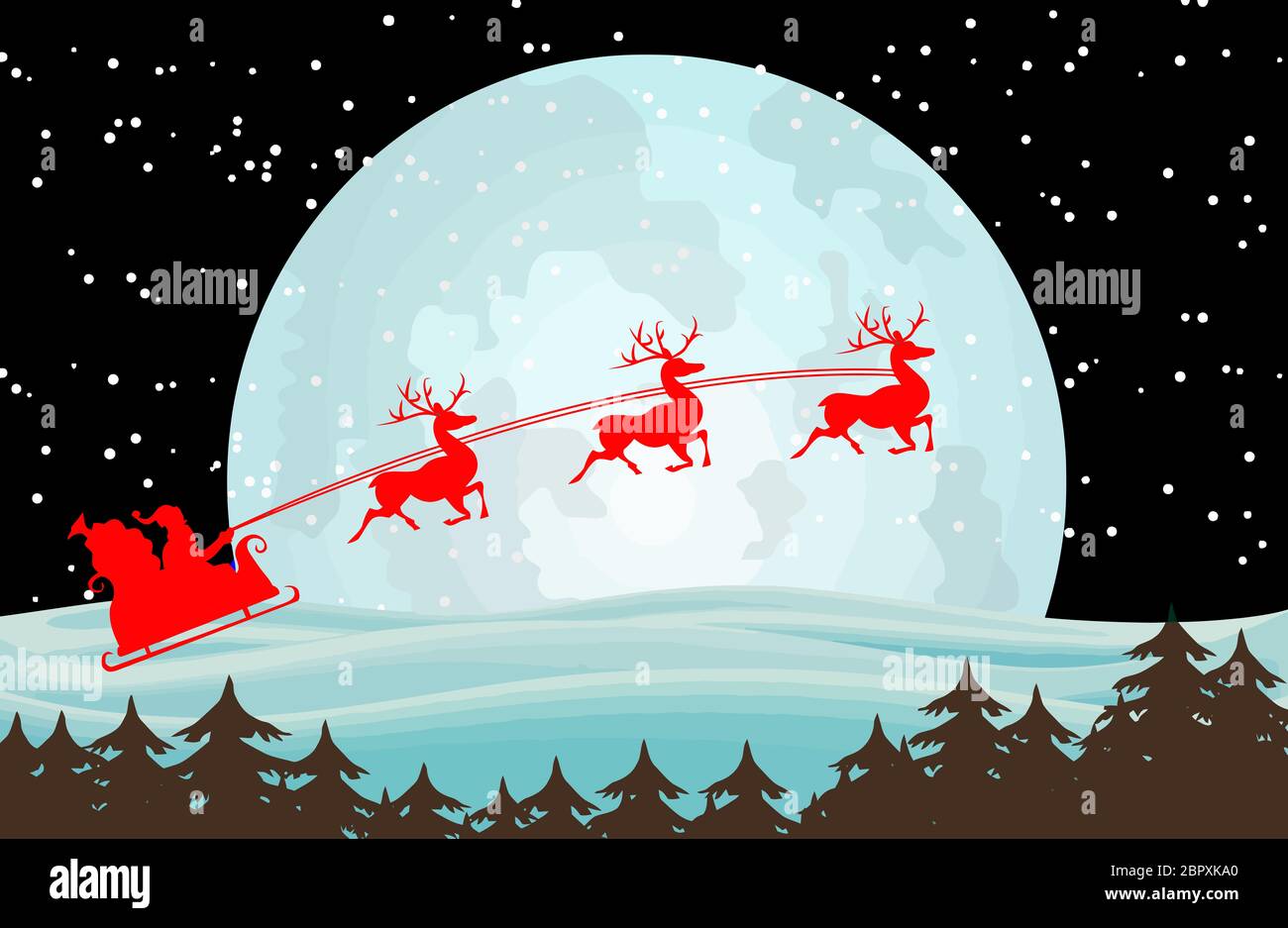 reindeer santa claus sleigh moon snow star illustration Stock Photo - Alamy