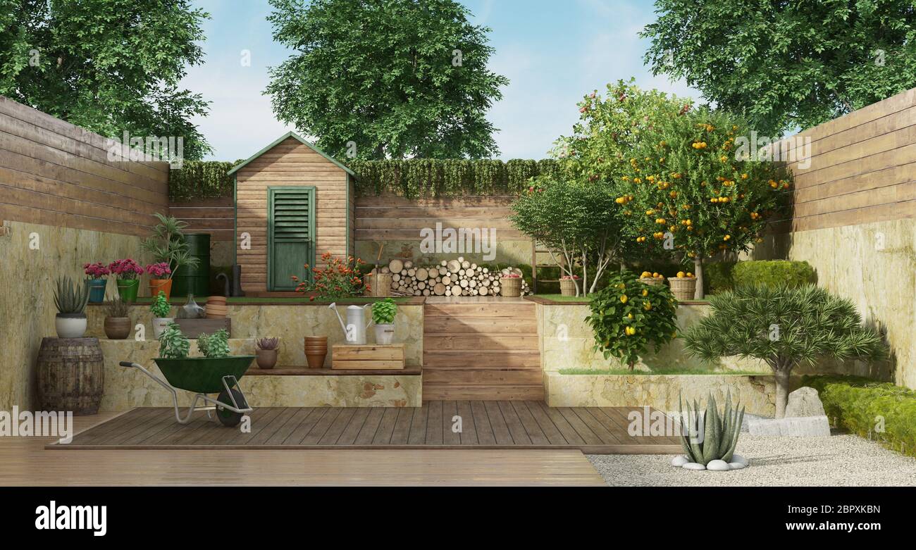 Garden with gardening tools , wooden shed and fruit tree - 3D Rendering ...