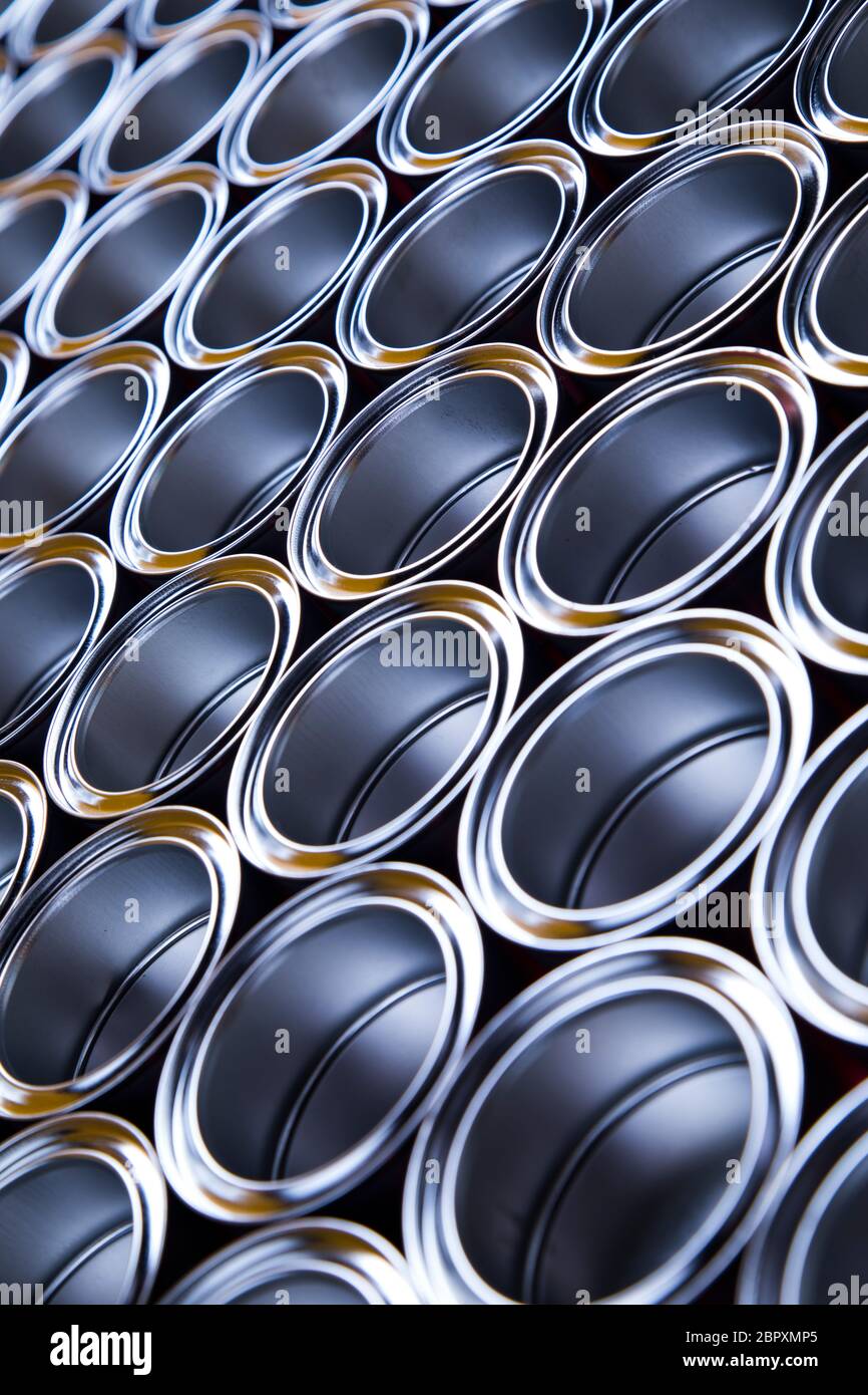 Metal tin paint cans background Stock Photo - Alamy