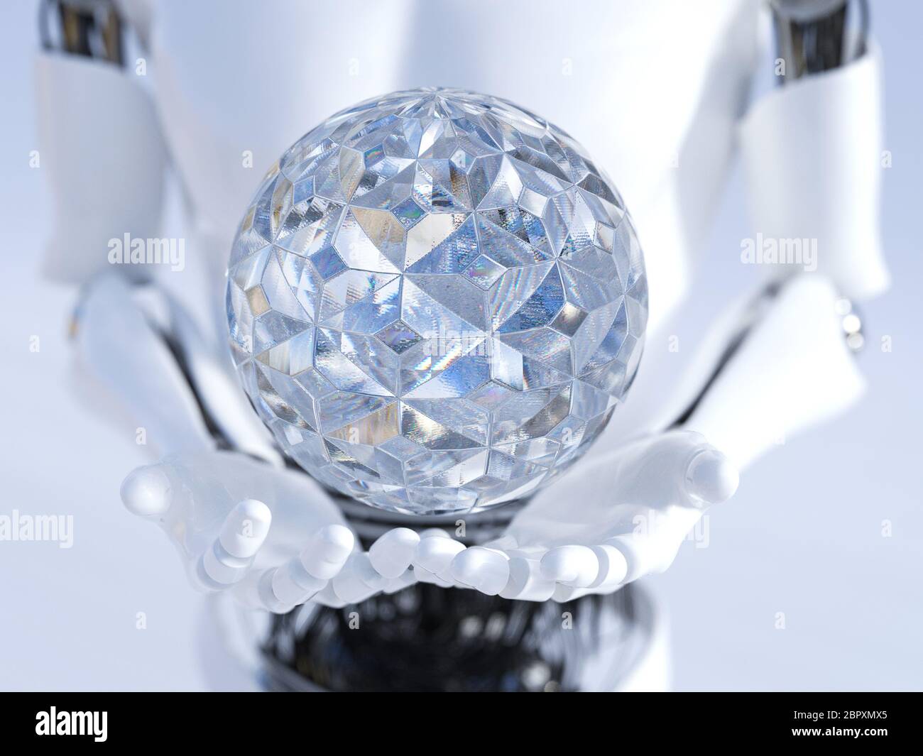 3D rendering of male robot hands with a diamond sphere hovering above ...