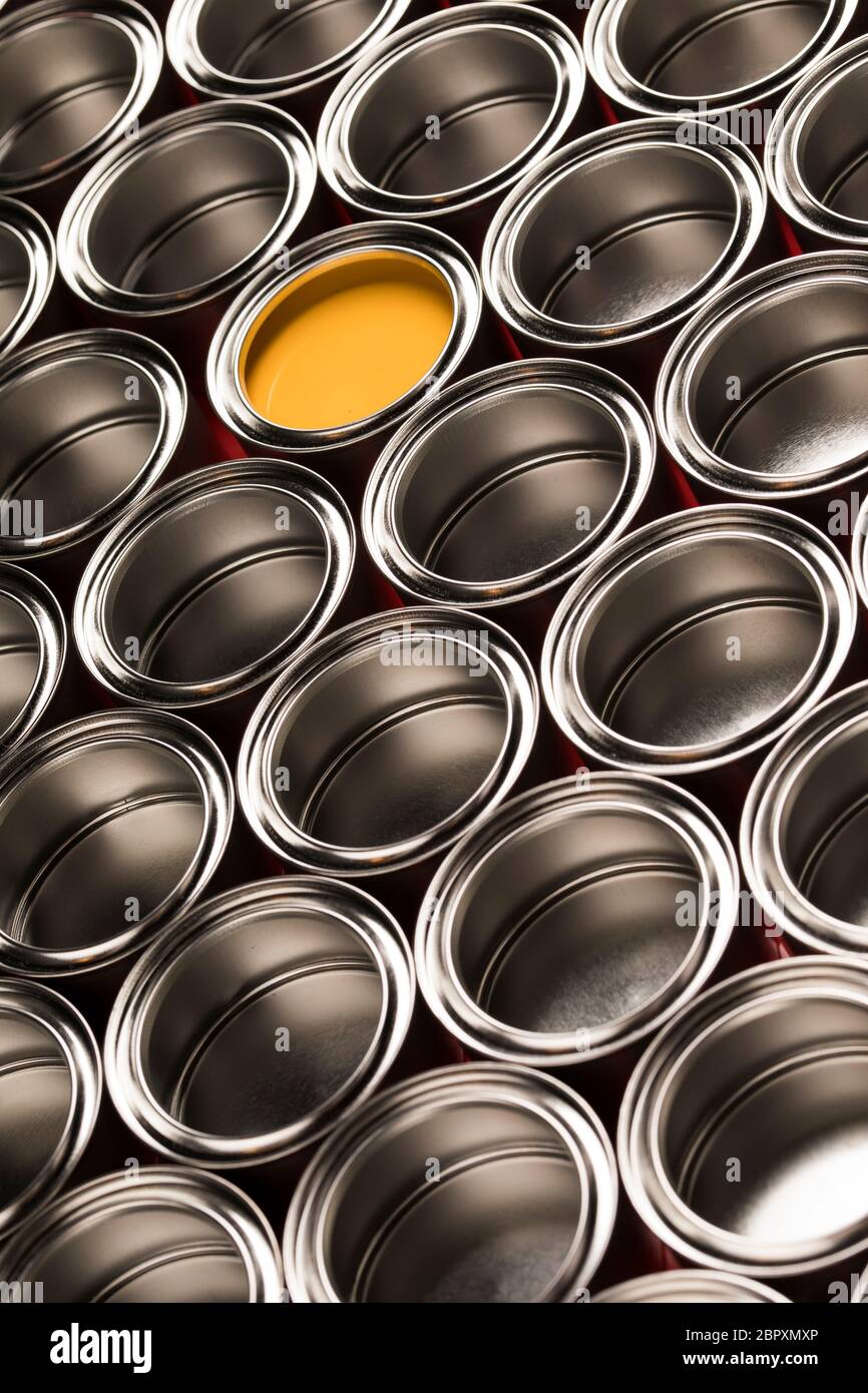 Metal tin paint cans background Stock Photo - Alamy
