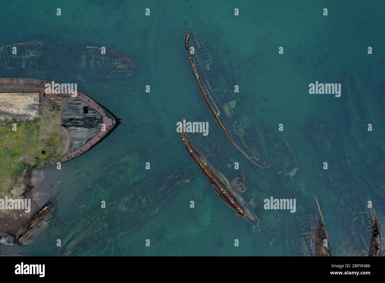 Ship graveyard in Teriberka, Kola Peninsula, Russia. Aerial view Stock ...