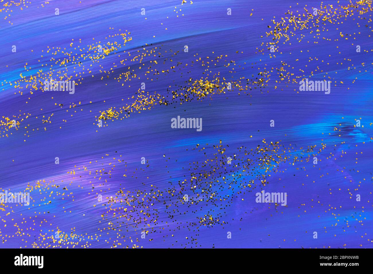 Dark acrylic hand drawn texture in violet colour with golden glitter ...