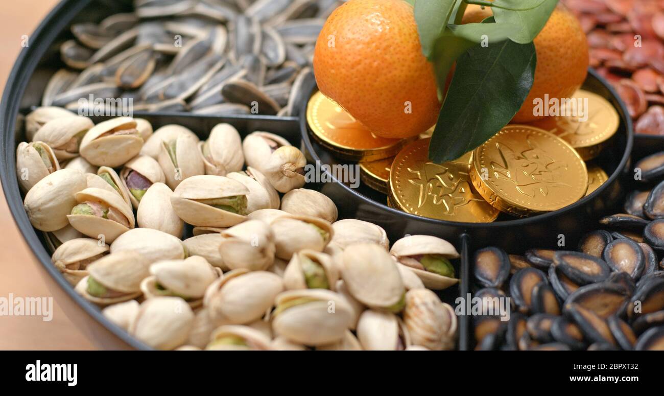 Chinese new year snack tray with gold coin candy with words wealth ...