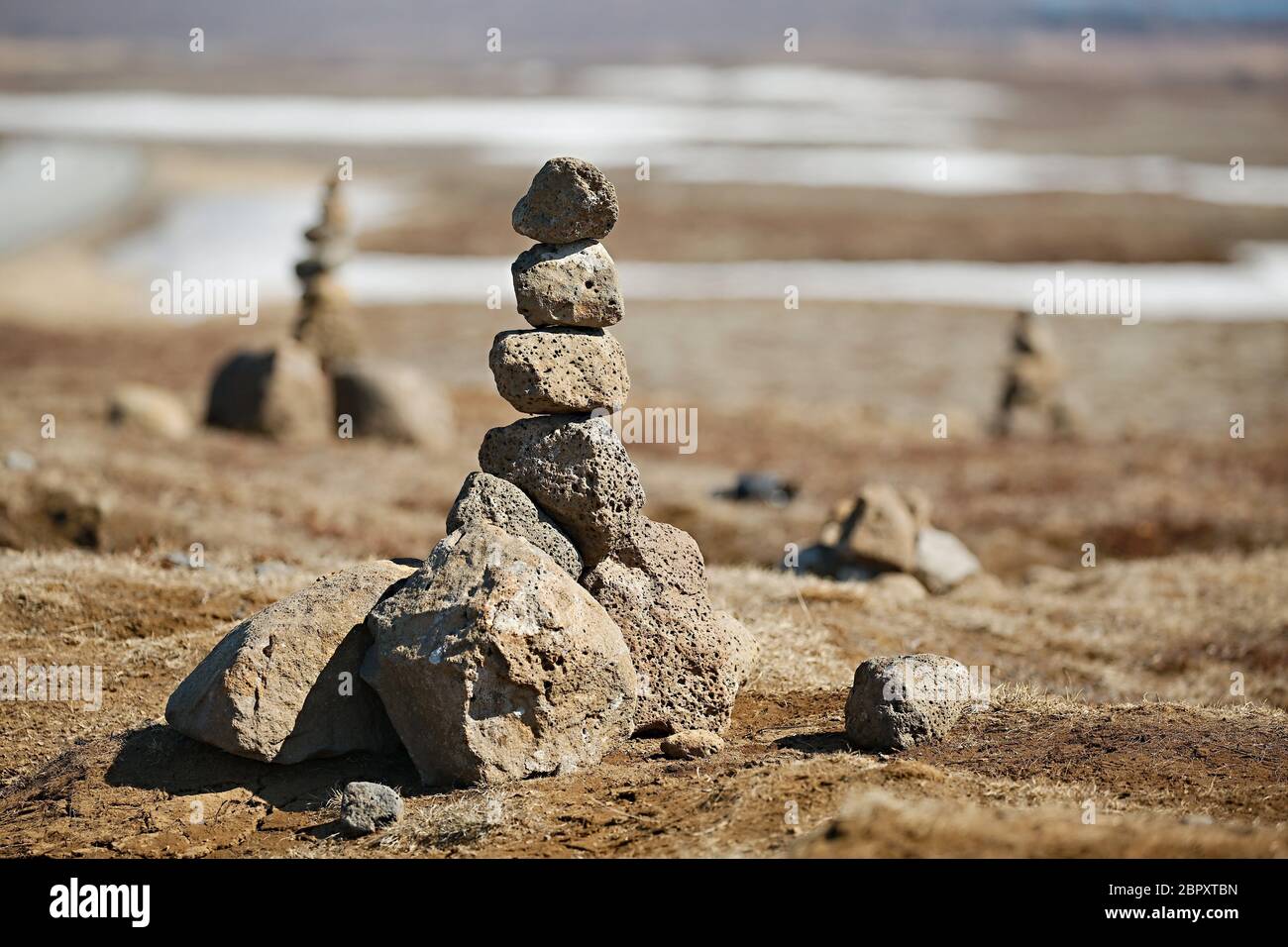 Stone cairns erected in Iceland Stock Photo - Alamy