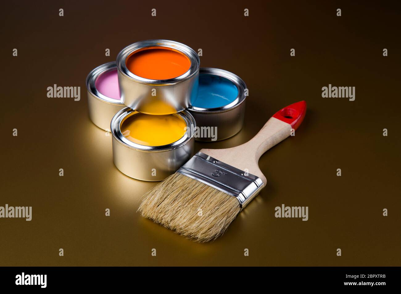Tin cans with paint, brushes and bright palette of colors Stock Photo ...