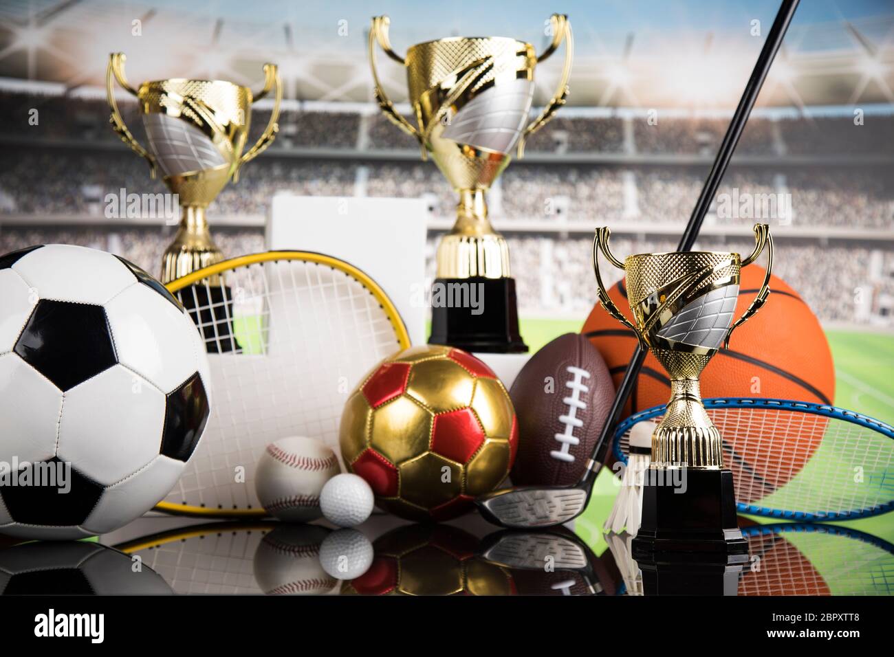 Podium for sports awards, equipment and balls Stock Photo - Alamy