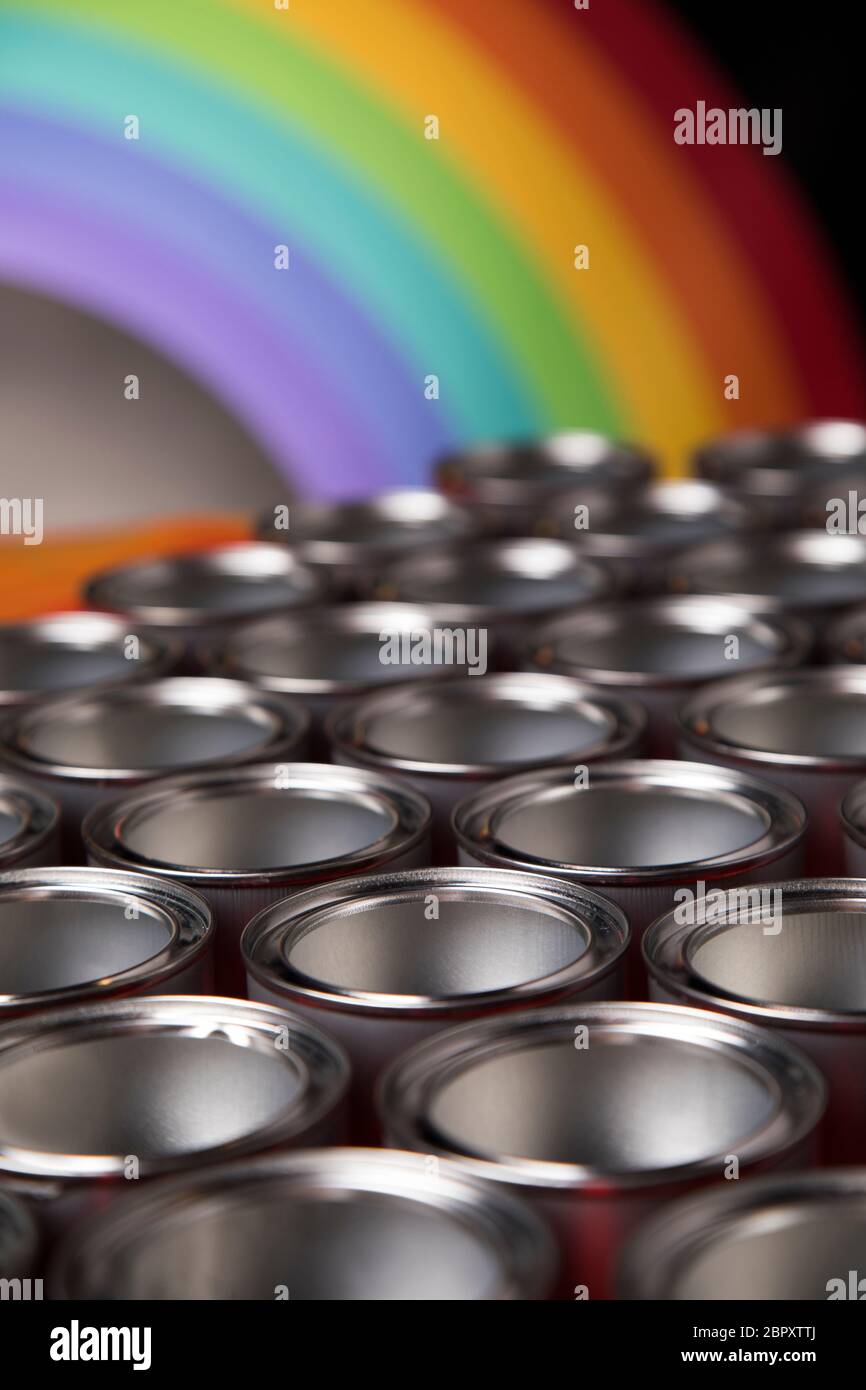 Metal tin paint cans background Stock Photo - Alamy