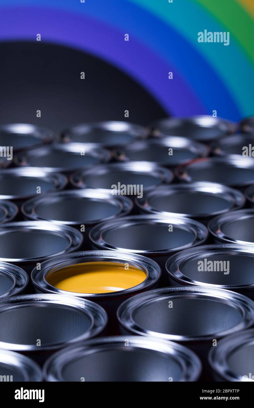 Metal tin paint cans background Stock Photo - Alamy