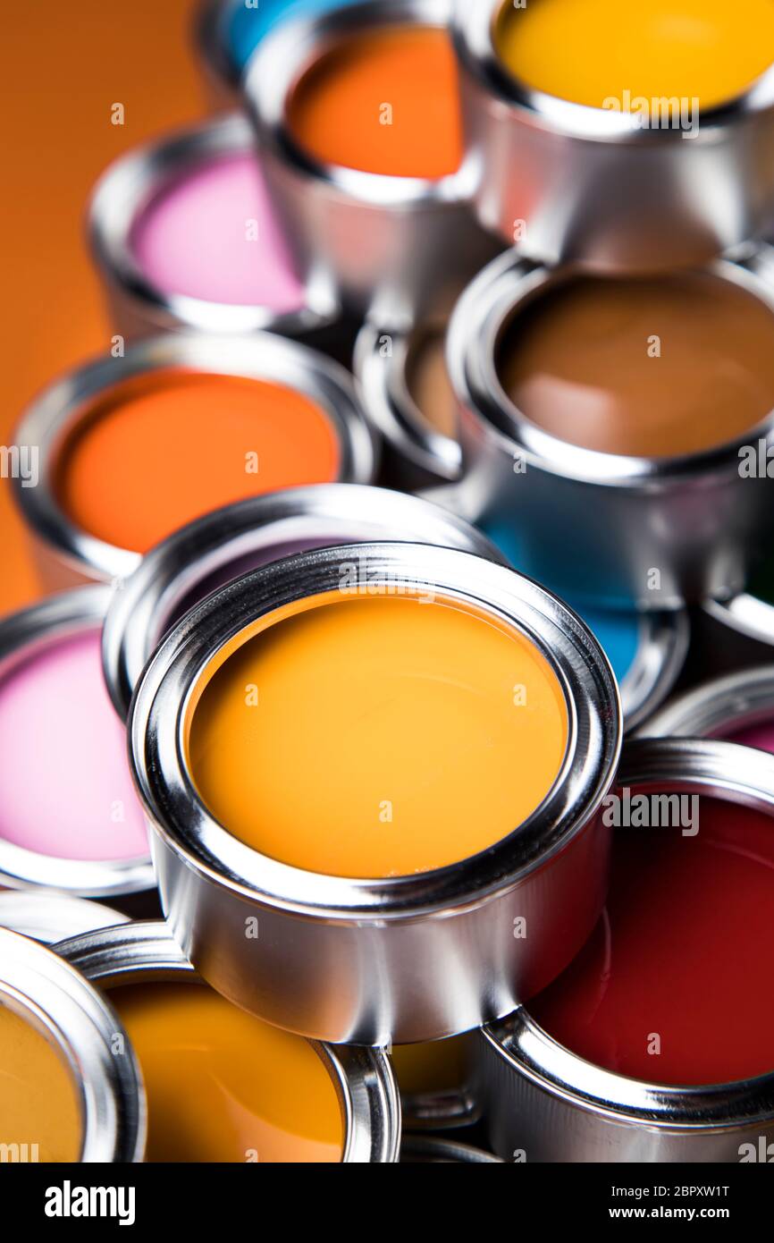 Collection of colored paints cans Stock Photo - Alamy