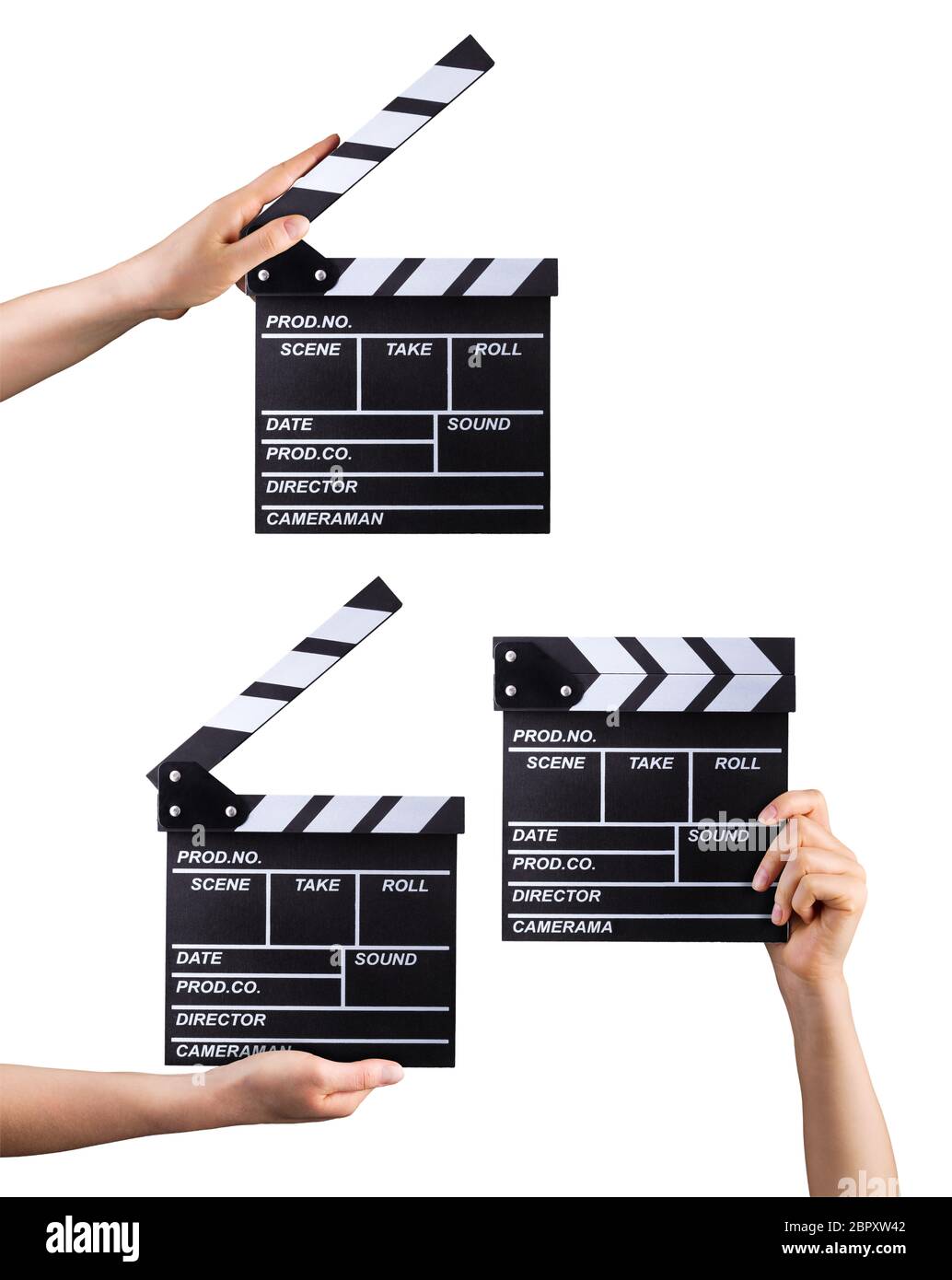Set of film clapper boards and human hands isolated on white background ...