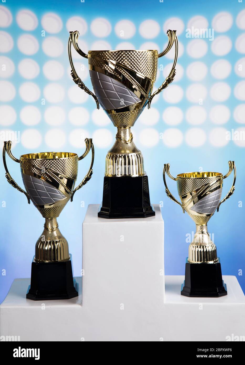 Podium for sports awards, equipment and balls Stock Photo - Alamy