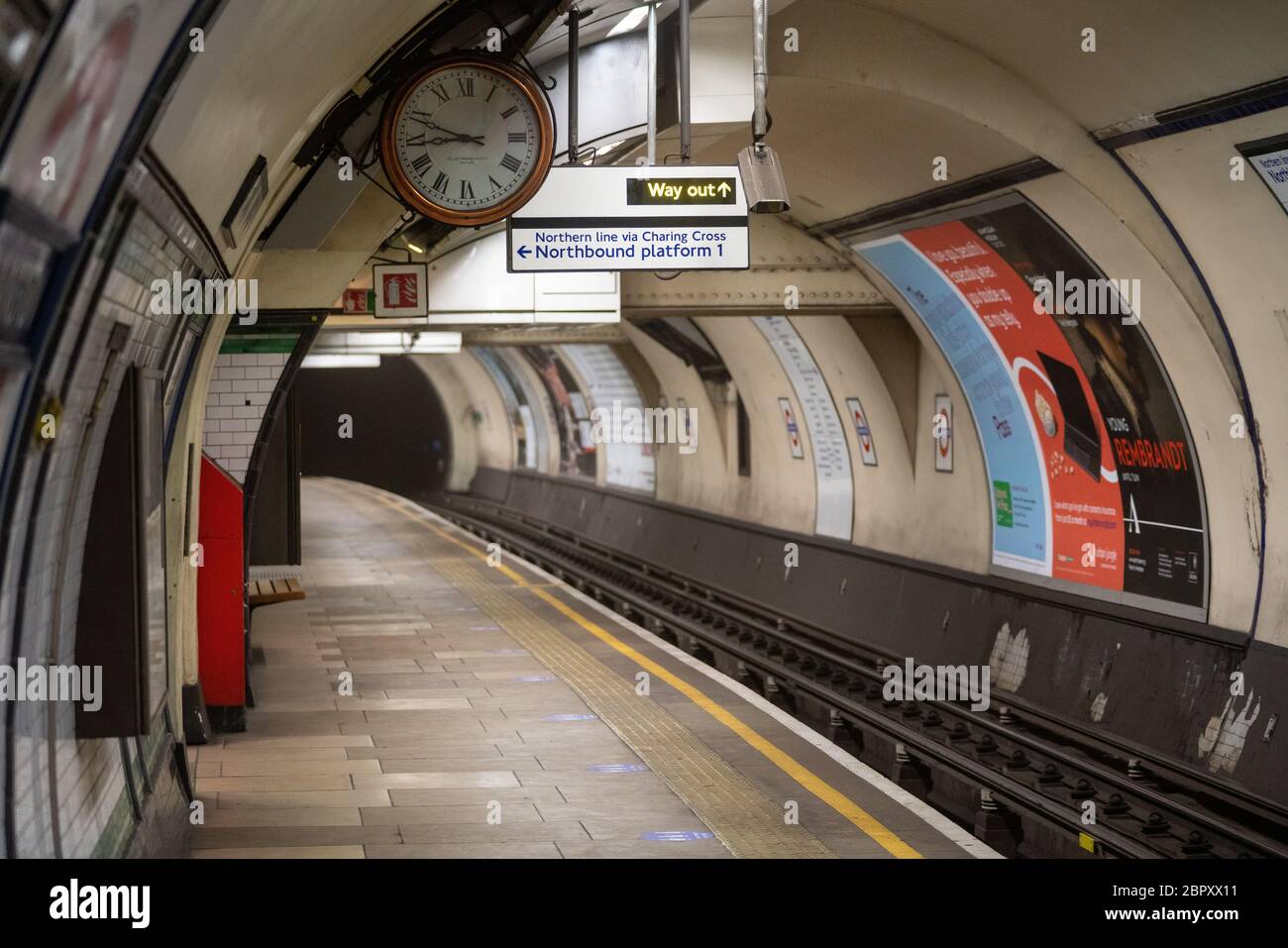 An empty Northern Line platform at Kennington station at 08:48 after ...