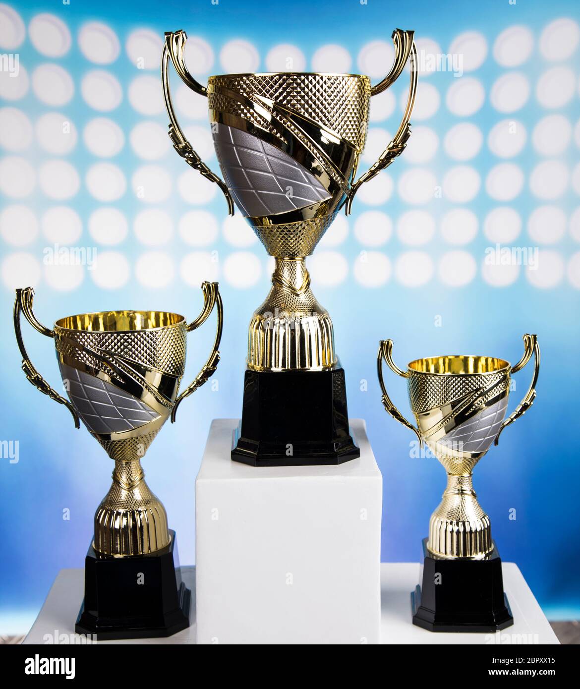 Podium for sports awards, equipment and balls Stock Photo - Alamy