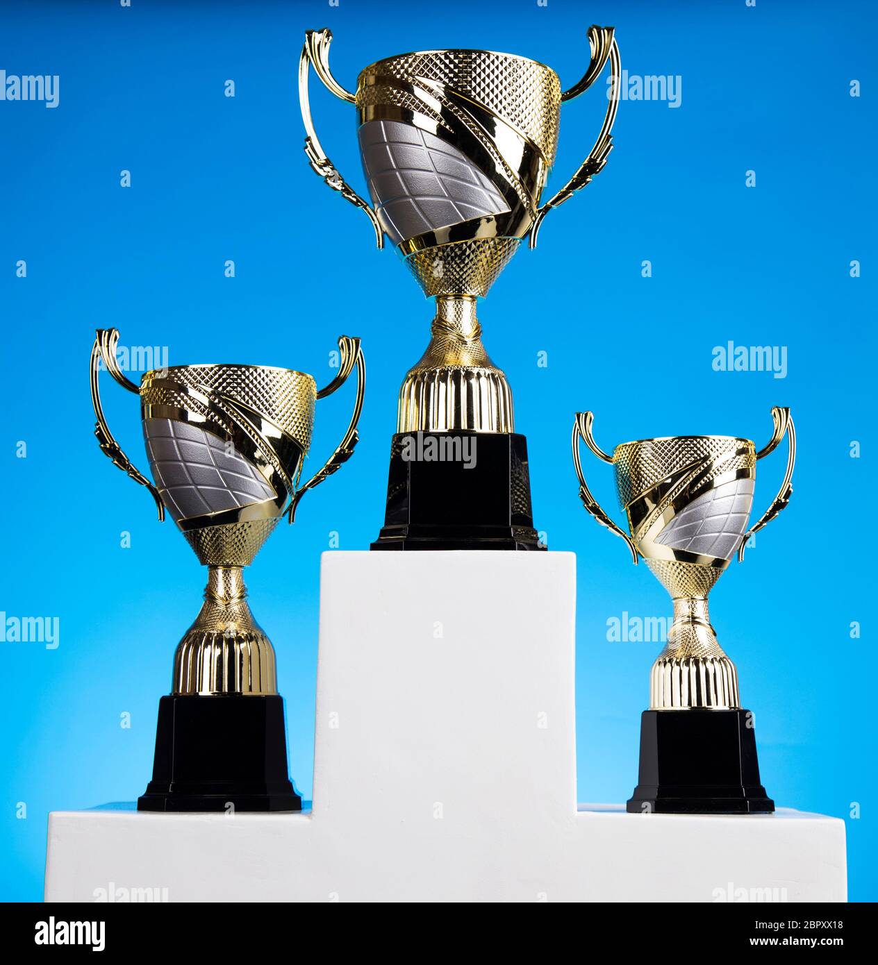 Podium for sports awards, equipment and balls Stock Photo - Alamy