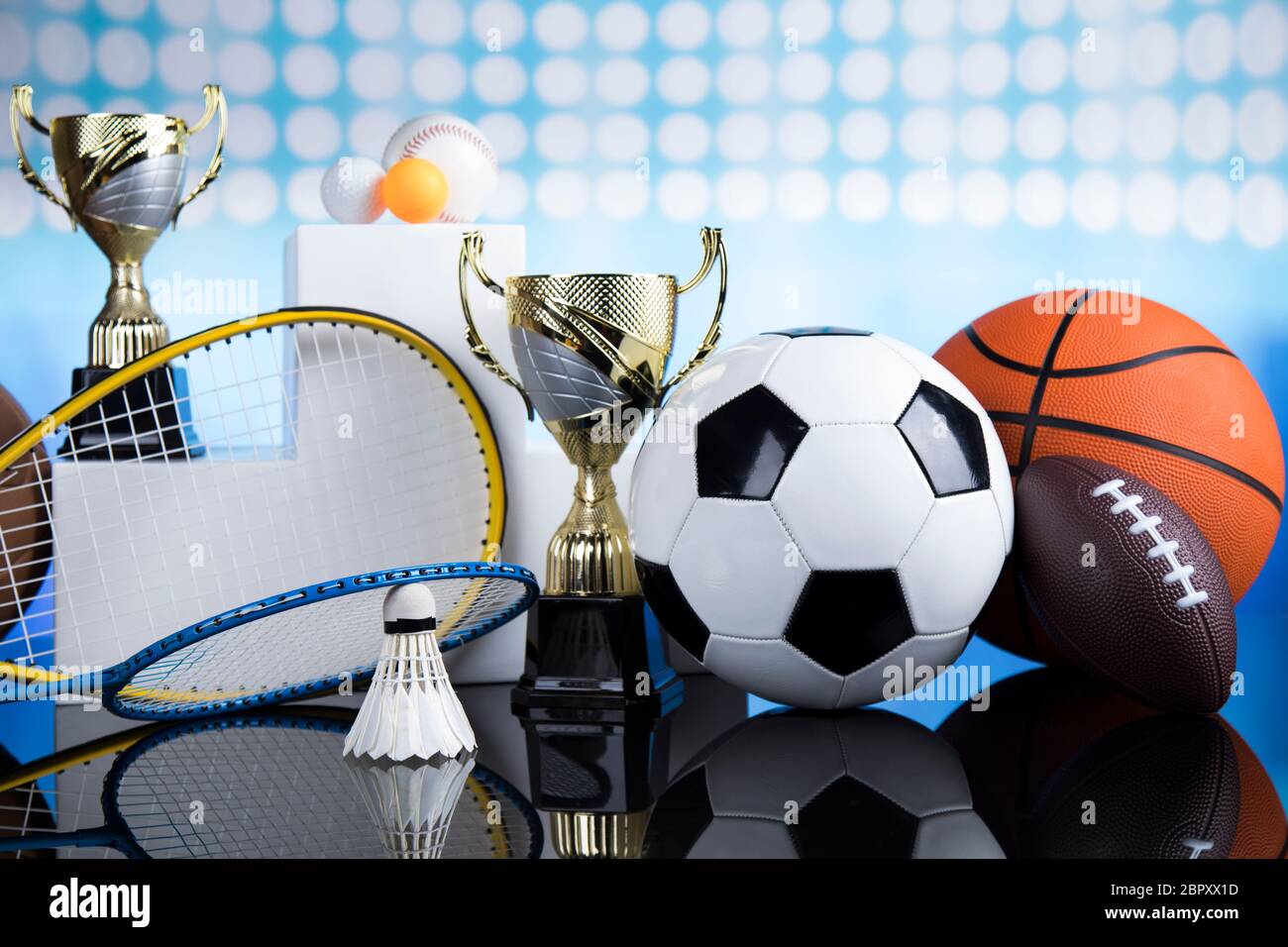 Podium for sports awards, equipment and balls Stock Photo - Alamy