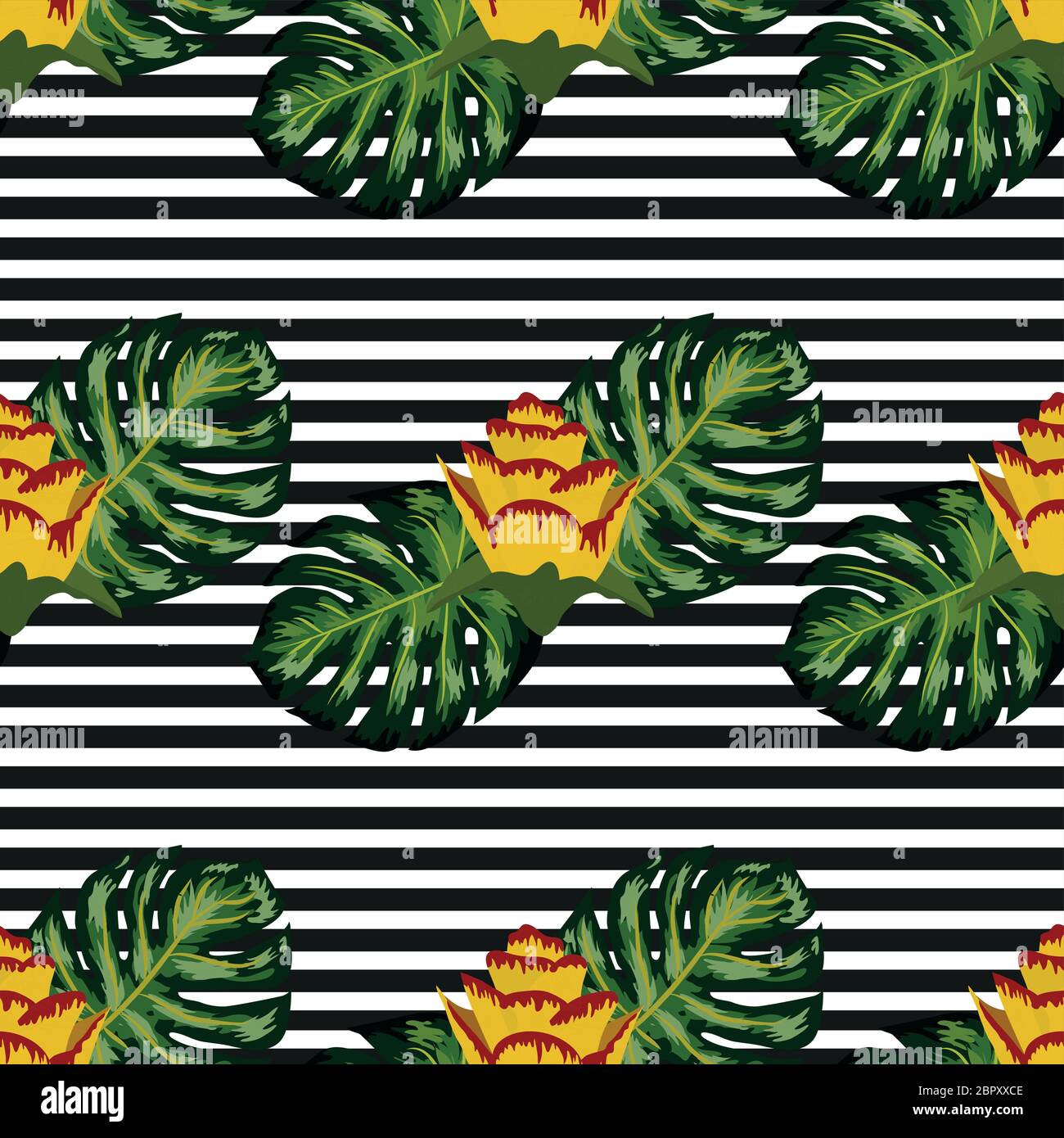 Summer seamless tropical pattern with bright yellow and pink plants and ...