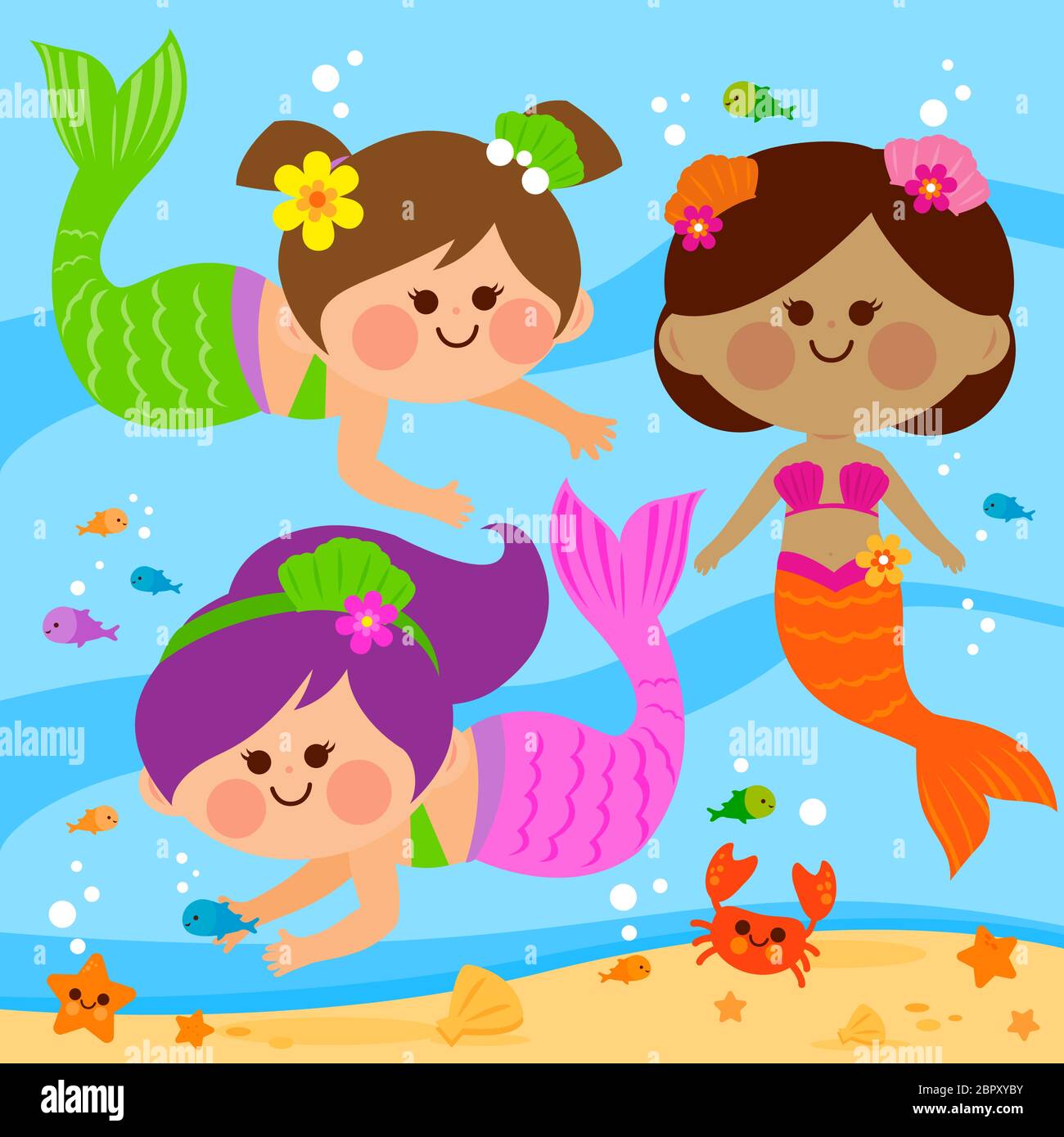Beautiful Mermaids Swimming Underwater Vector Illustration Stock