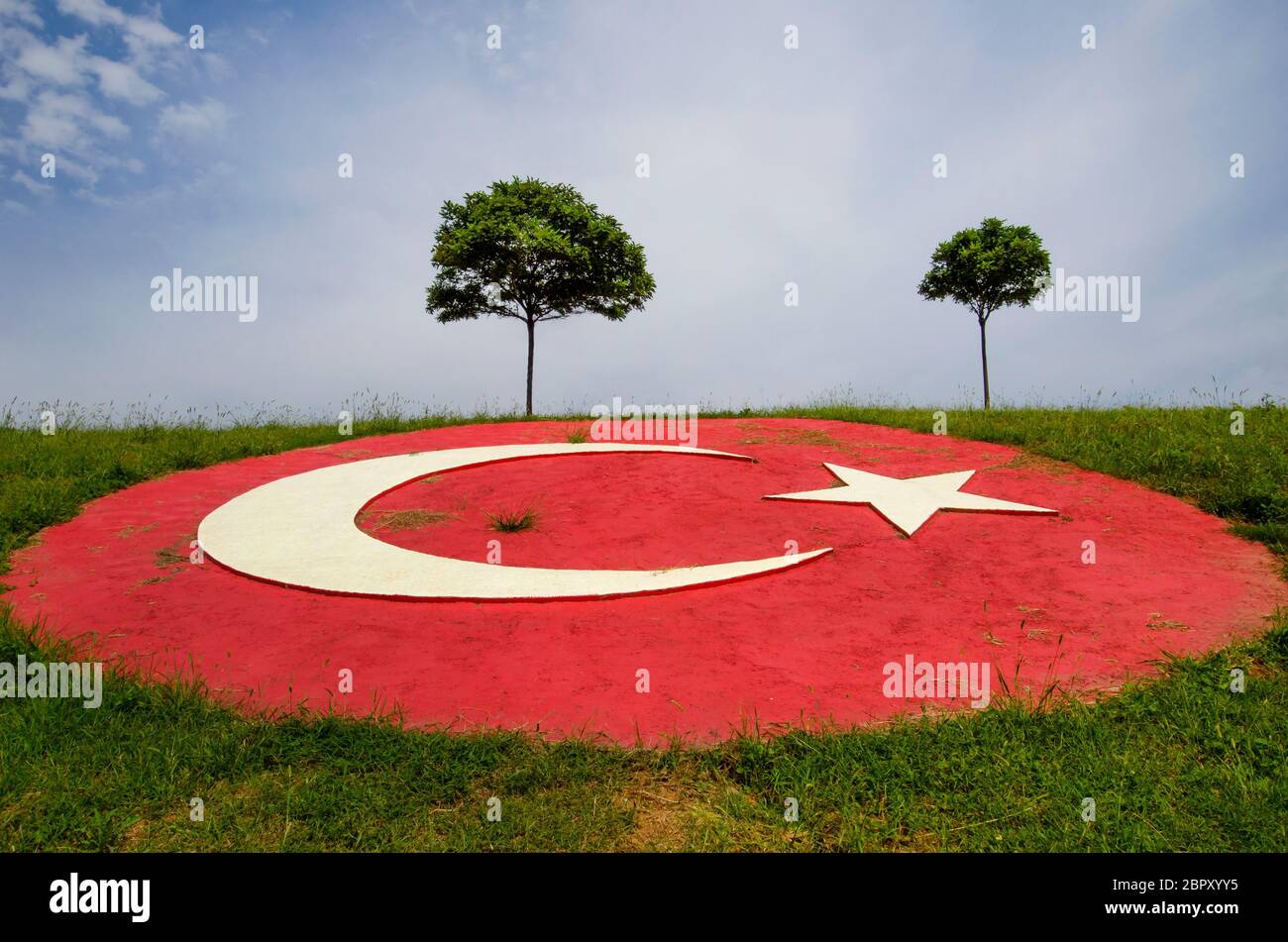 Trabzon, Turkey. September 8th 2014 The Turkish flag marked on a grass ...