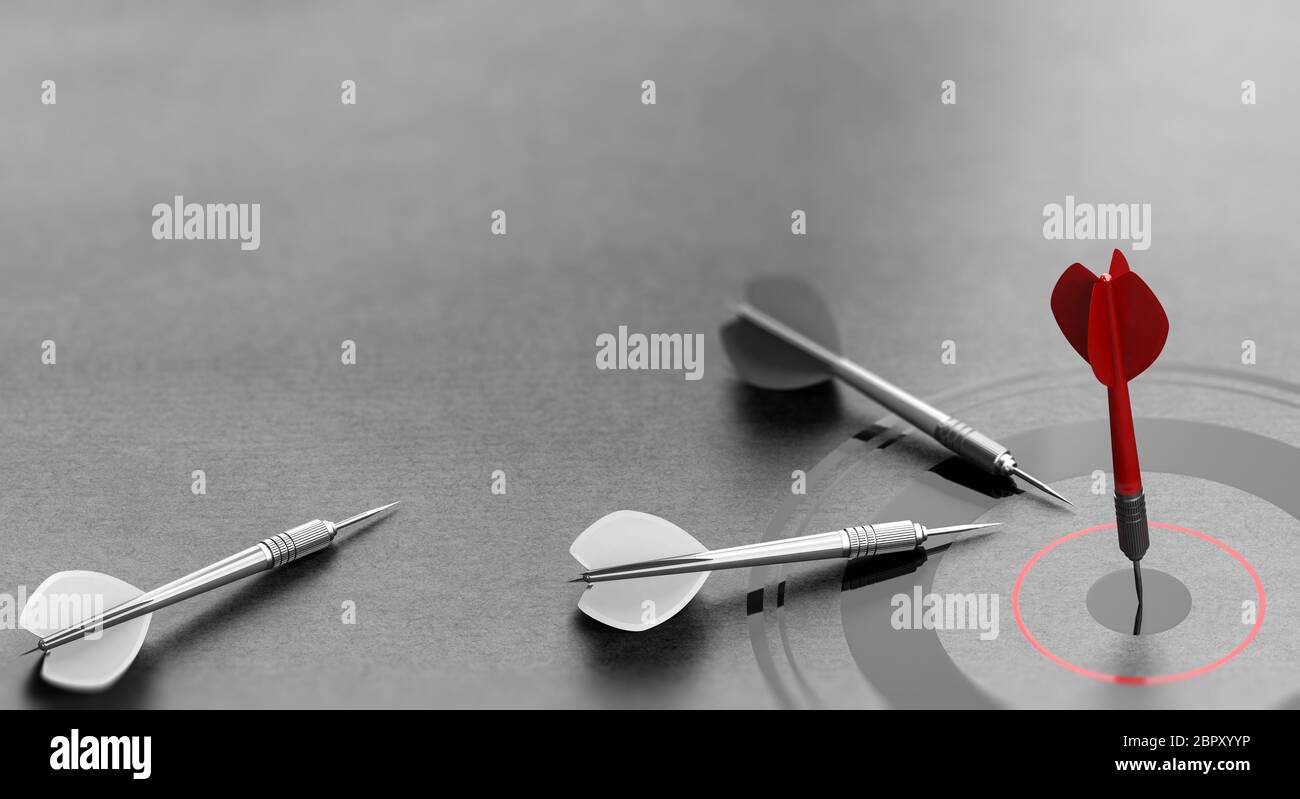3D illustration of a red dart reaching the center of a target over grey ...