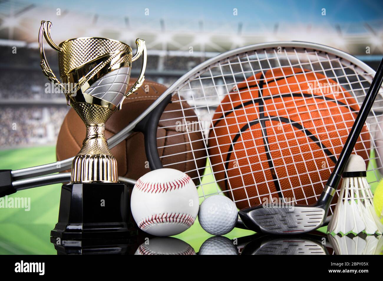Award winning and championship concept, trophy cup on sport background ...