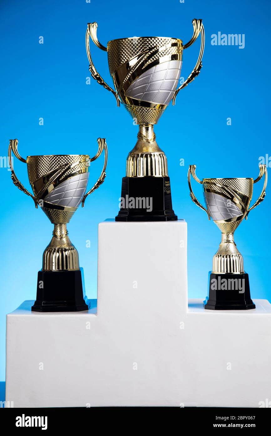 Podium for sports awards, equipment and balls Stock Photo - Alamy