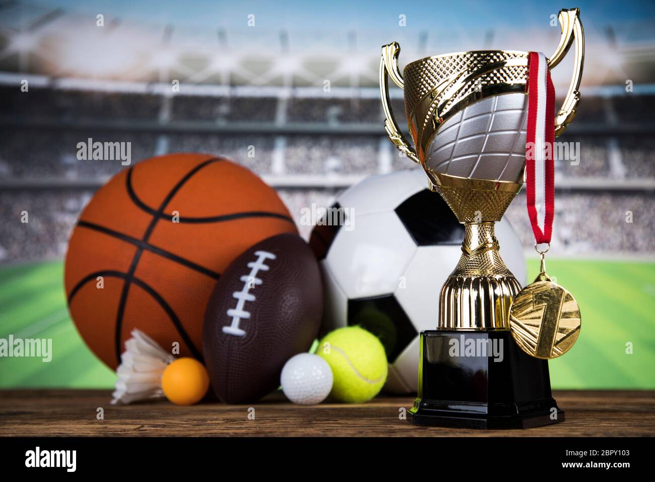 Award winning and championship concept, trophy cup on sport background ...