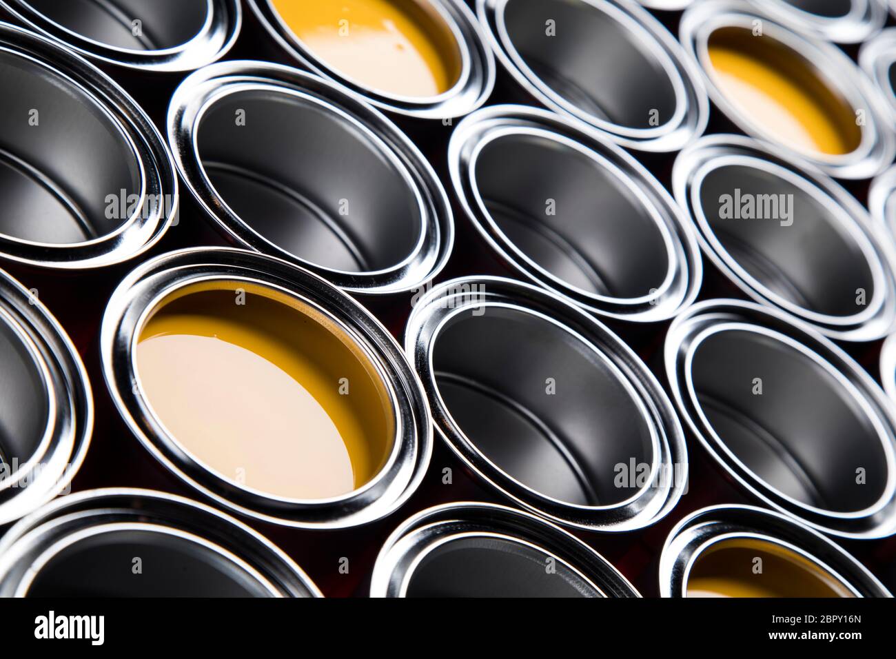 Metal tin paint cans background Stock Photo - Alamy