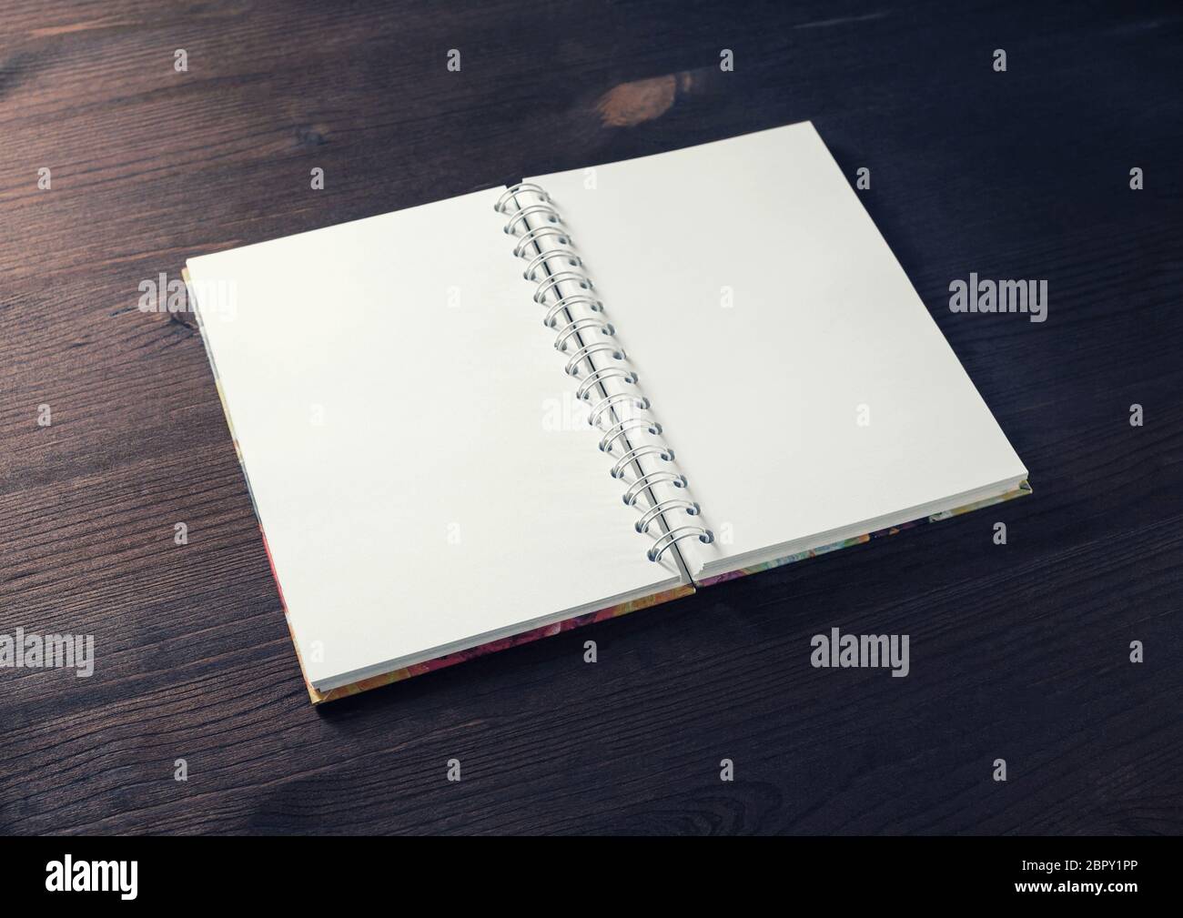 Photo of blank notebook on wood table background. Template for design ...