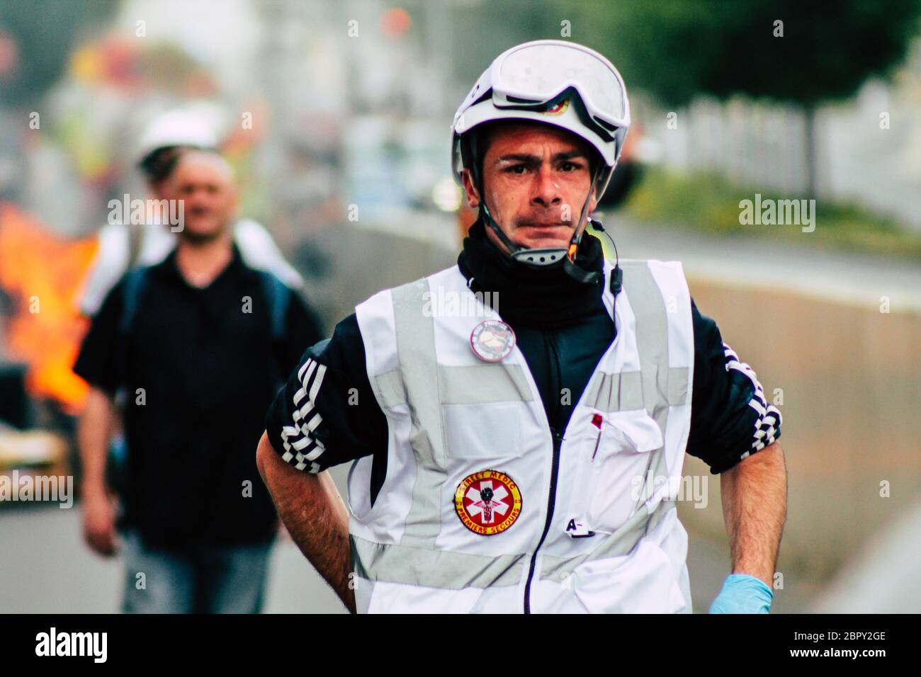 Reims France May 18, 2019 View of French medic walking in the street ...