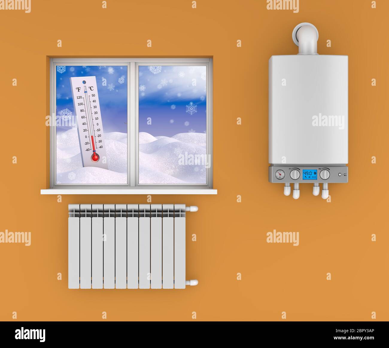 Gas boiler with radiator and thermometer in the window. 3d render Stock ...
