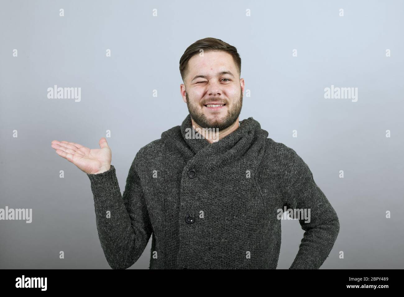 Happy Male Smiling, Raised Hand Up, Turned His Palm. Cunning And Kind ...