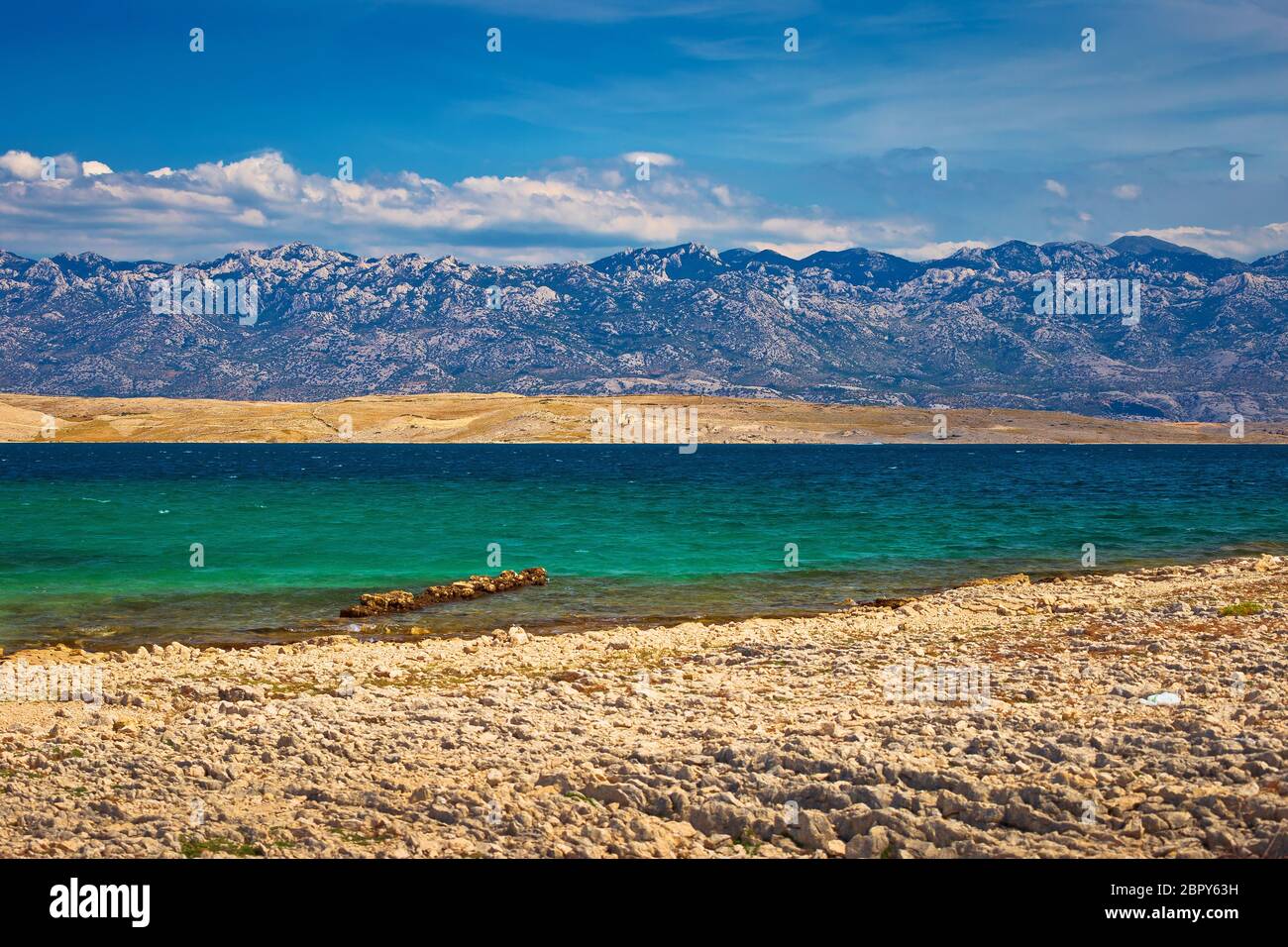 Zadar area stone desert beach scenery and Velebit island view, Dalmatia ...