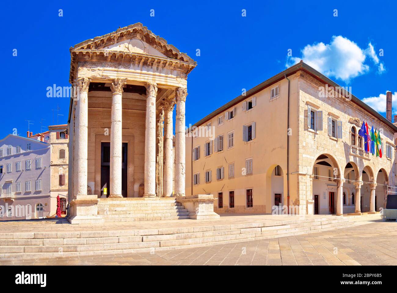Forum square and historic roman Temple of Augustus in Pula panoramic ...
