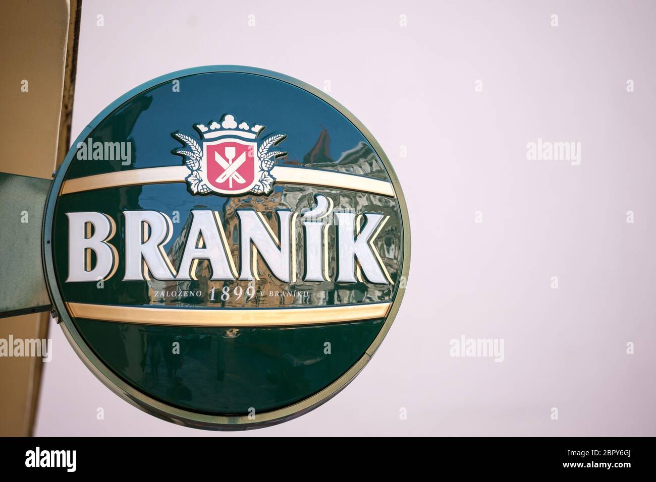 PRAGUE, CZECHIA - OCTOBER 31, 2019: Branik logo in front of a local ...