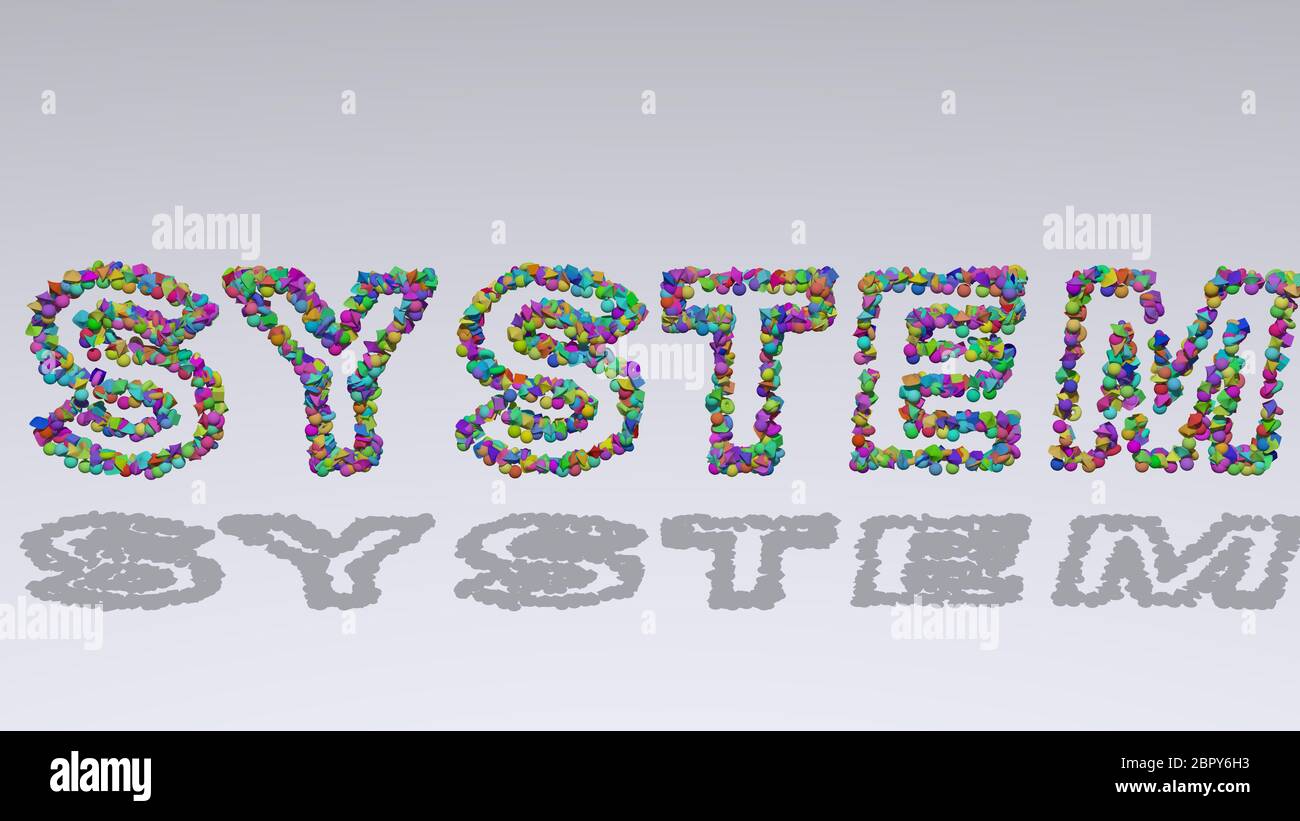 system: 3D illustration of the text made of small objects over a white ...