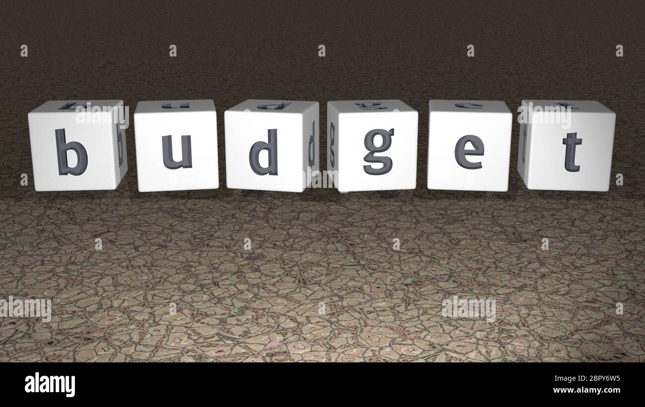 alphabetic budget arranged by cubic letters on a mirror floor, concept ...
