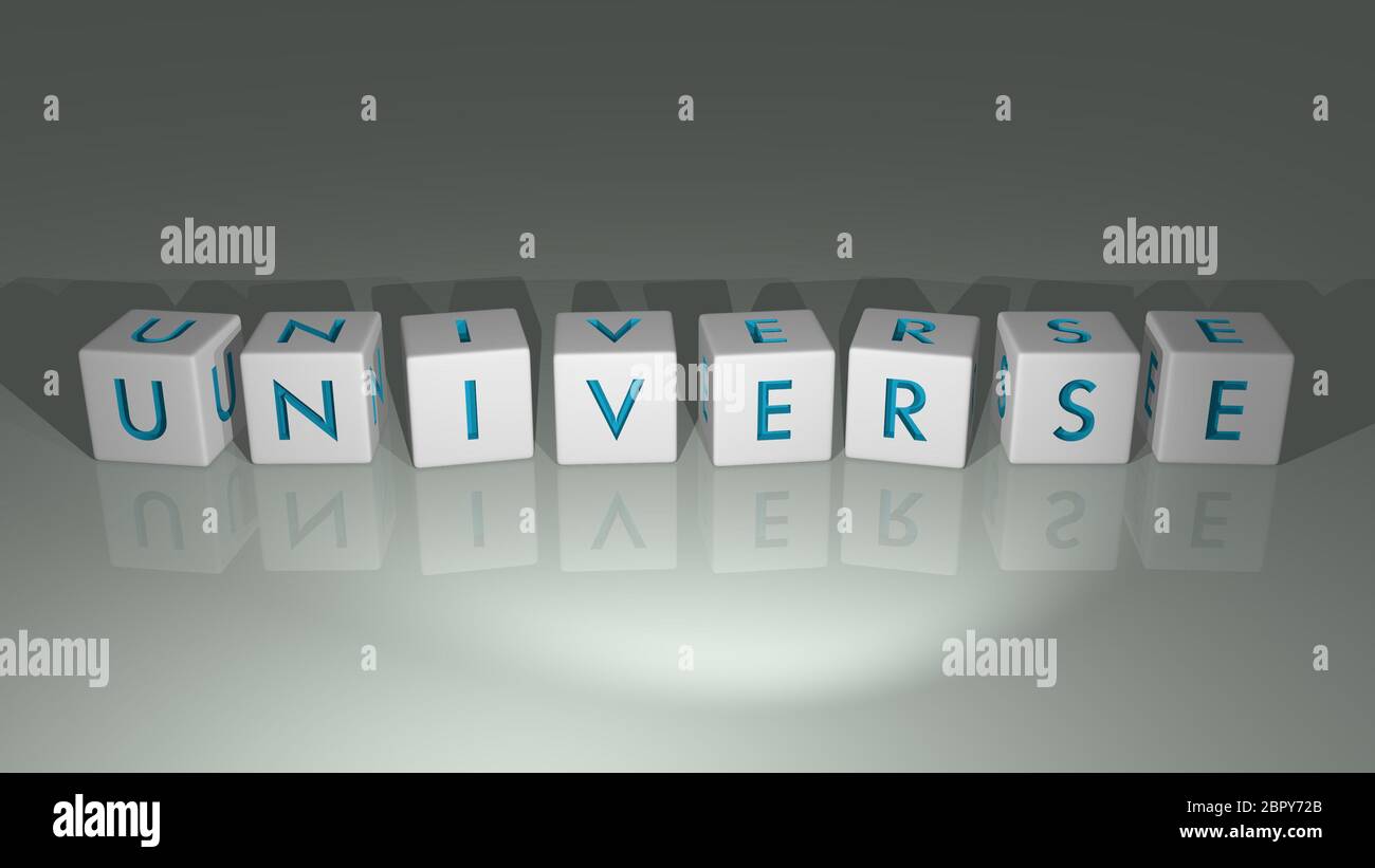 alphabetic UNIVERSE arranged by cubic letters on a mirror floor ...
