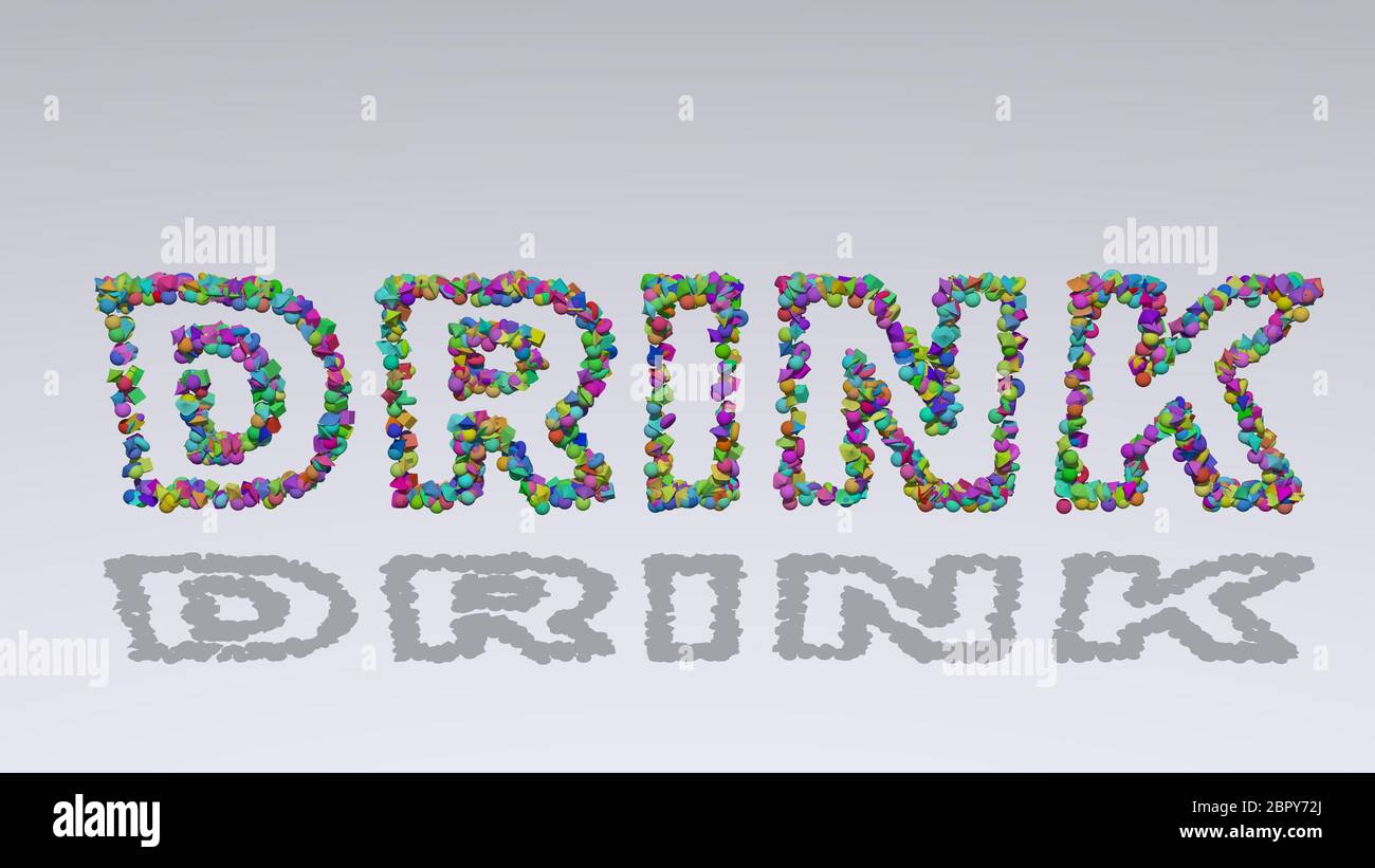 DRINK: 3D illustration of the text made of small objects over a white ...