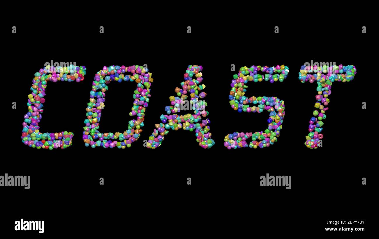 coast written in 3D illustration by colorful small objects casting ...