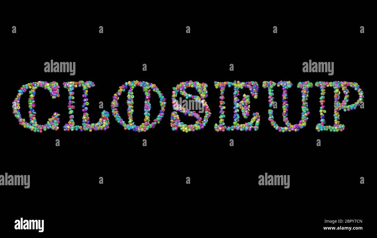 CLOSEUP: 3D illustration of the text made of small objects over a black ...