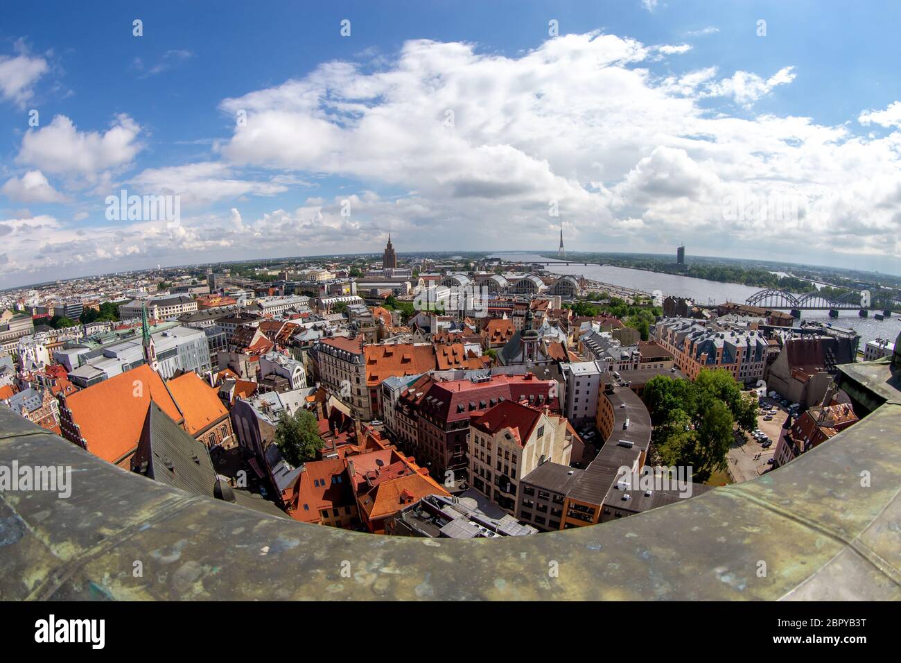 Fisheye aerial view of Riga city from st. Peter's church in Latvia ...