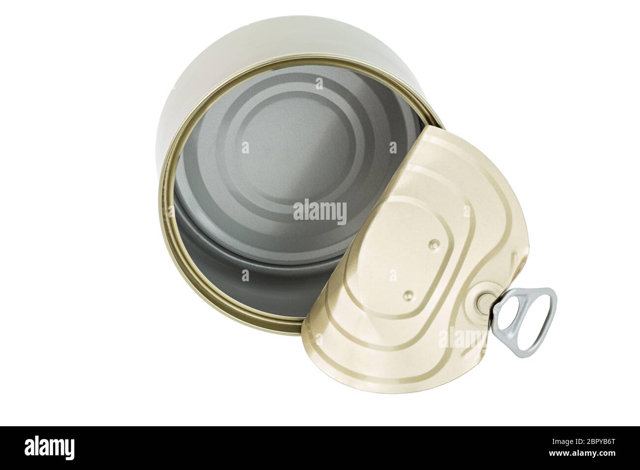 opened clean tin can with pull tab ring, bended lid and empty ...