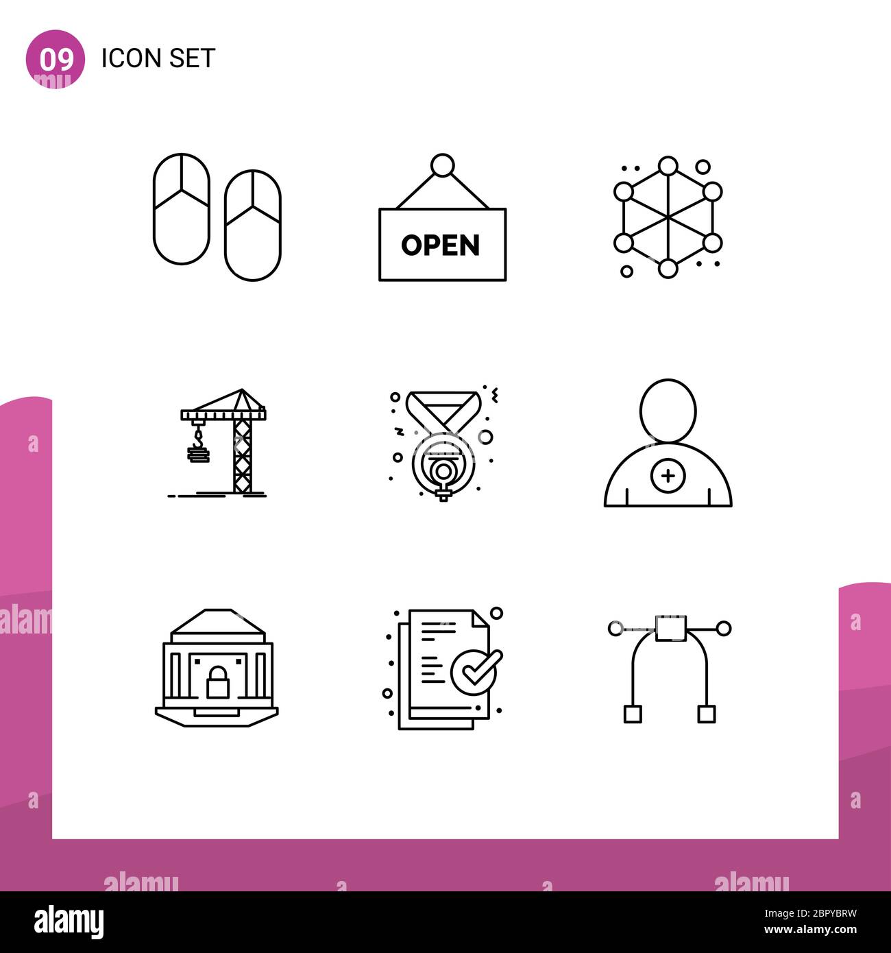 Pictogram Set of 9 Simple Outlines of medal, tower, data, constructing ...