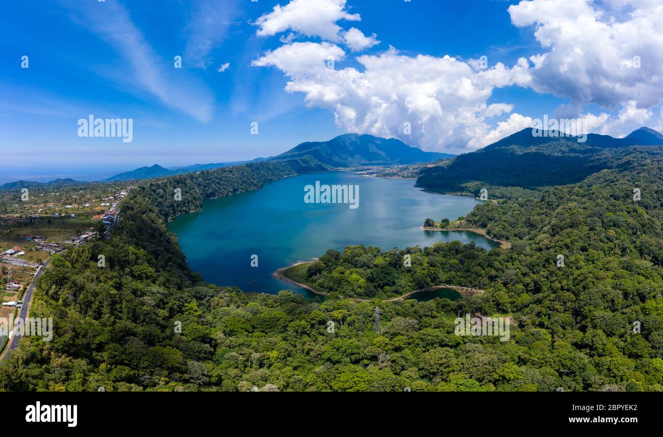 Panoramic aerial view of beautiful twin lakes in an ancient volcanic ...