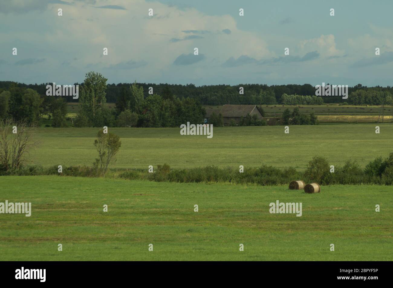 Country landscape with haystacks on the field background Stock Photo ...