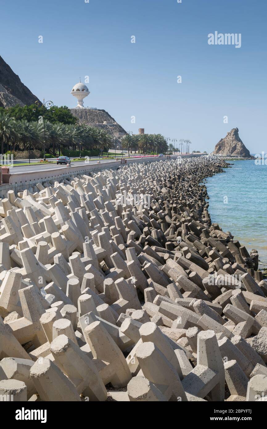 Riyam Park Monument on a rocky hillside above Al Bahri Road, Muscat ...