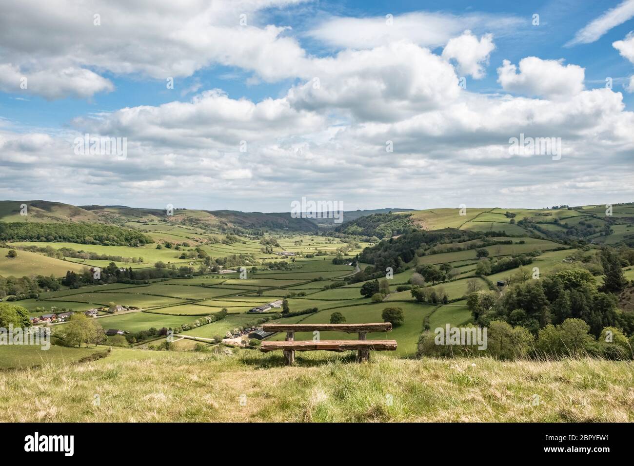 A view over the quiet Teme valley on the border between Wales and ...