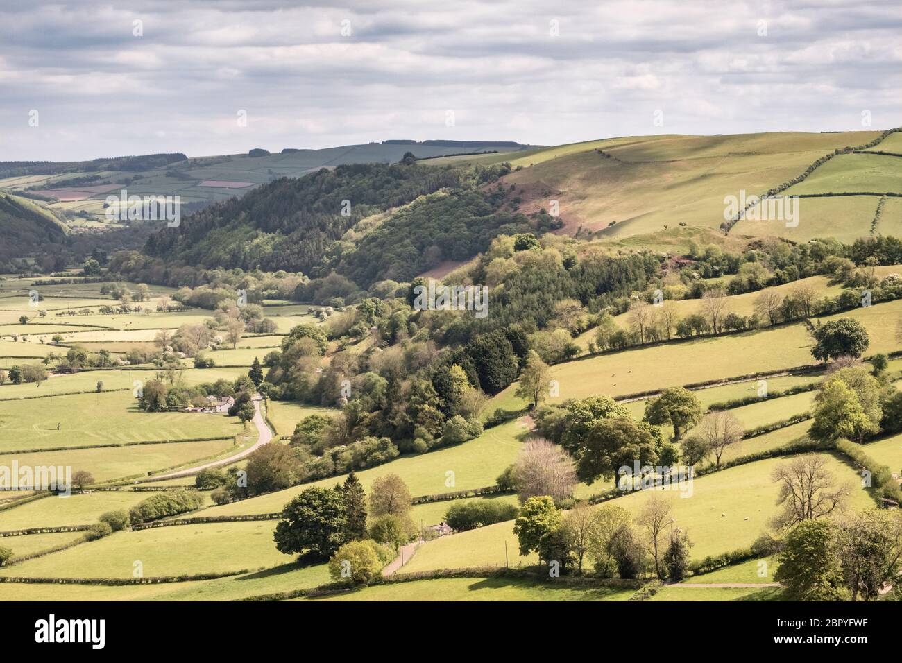 A view over the quiet Teme valley on the border between Wales and ...