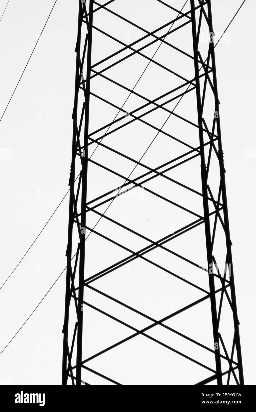 High voltage tower. Power line black and white background Stock Photo ...